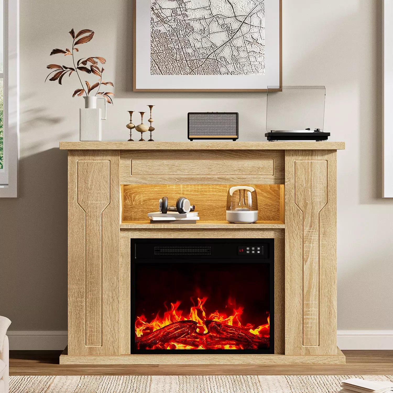 Ofika 43” Electric Fireplace with Mantel, Solid Wood Modern TV Stand w